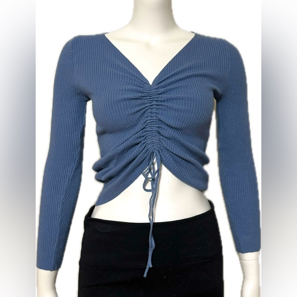 Tops | Vline Front Scrunched Tie Knitted Blue Long Sleeve Top | Poshmark